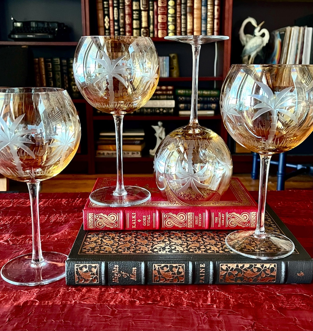 Vintage Large Balloon Wine Glasses - Amber Lustre With Etched Palm ...