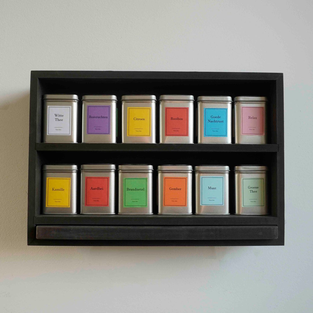 Tea Rack With 12 Tea Tins and Black Serving Board - Etsy