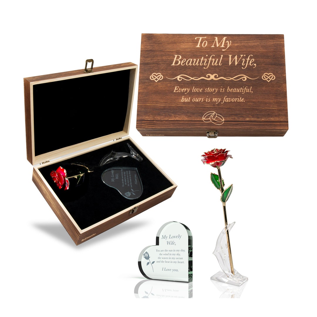 Anniversary Gift Set for Wife | Engraved Box, Crystal Heart, 24K Gold ...