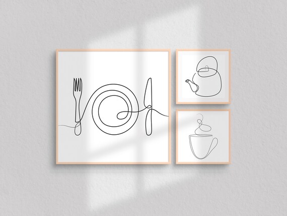 Set of 3 Kitchen One Line Drawing Minimalist Art Poster | Etsy