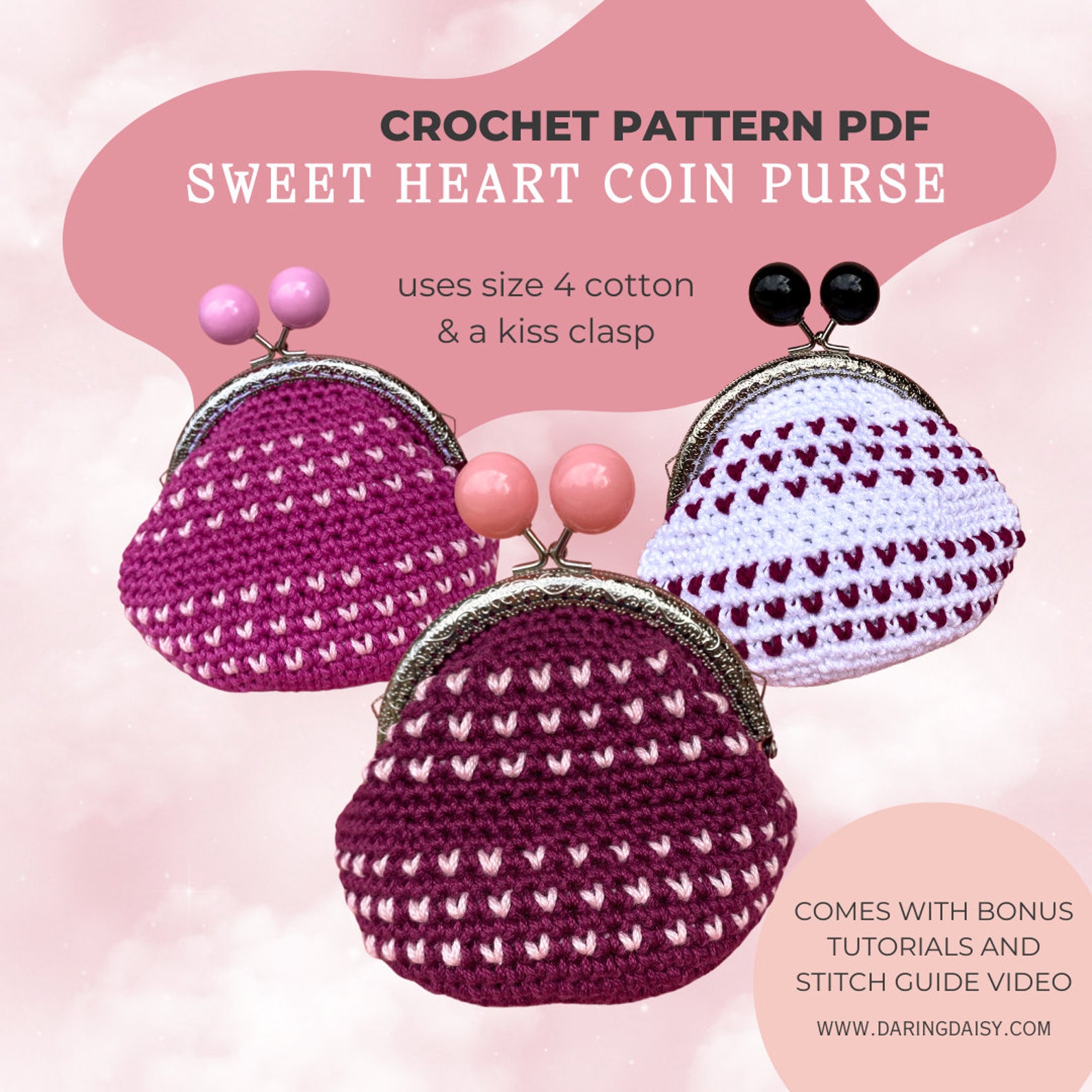 Sweet Heart Coin Purse CROCHET PATTERN PDF | Tutorial for Crochet Coin ...