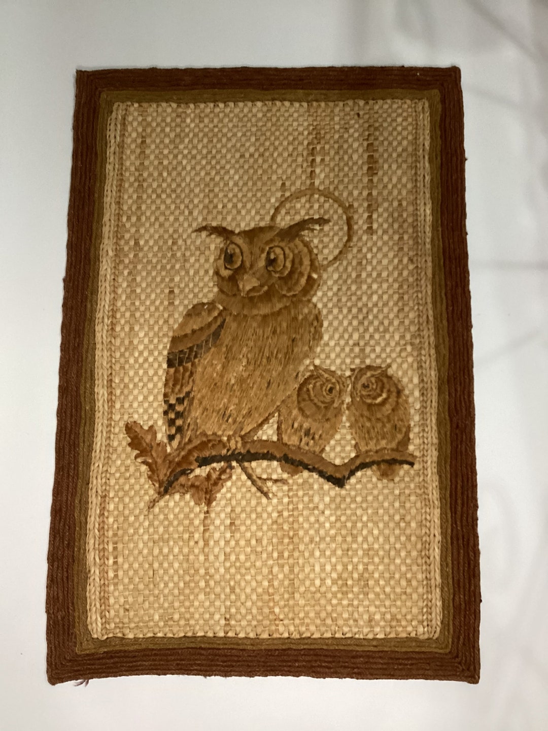 Vintage Retro Owl 70s Raffia Rug Hanging Neutral - Etsy