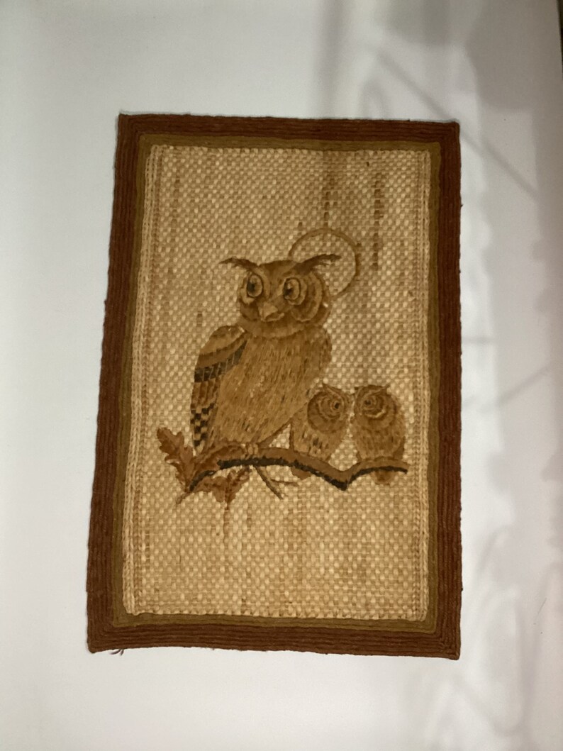 Vintage Retro Owl 70s Raffia Rug Hanging Neutral - Etsy