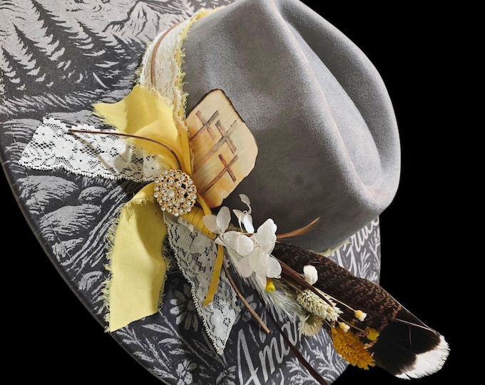 Laser Engraved Vegan Suede Wide Brim Hat, Floral & Cross Design - Etsy
