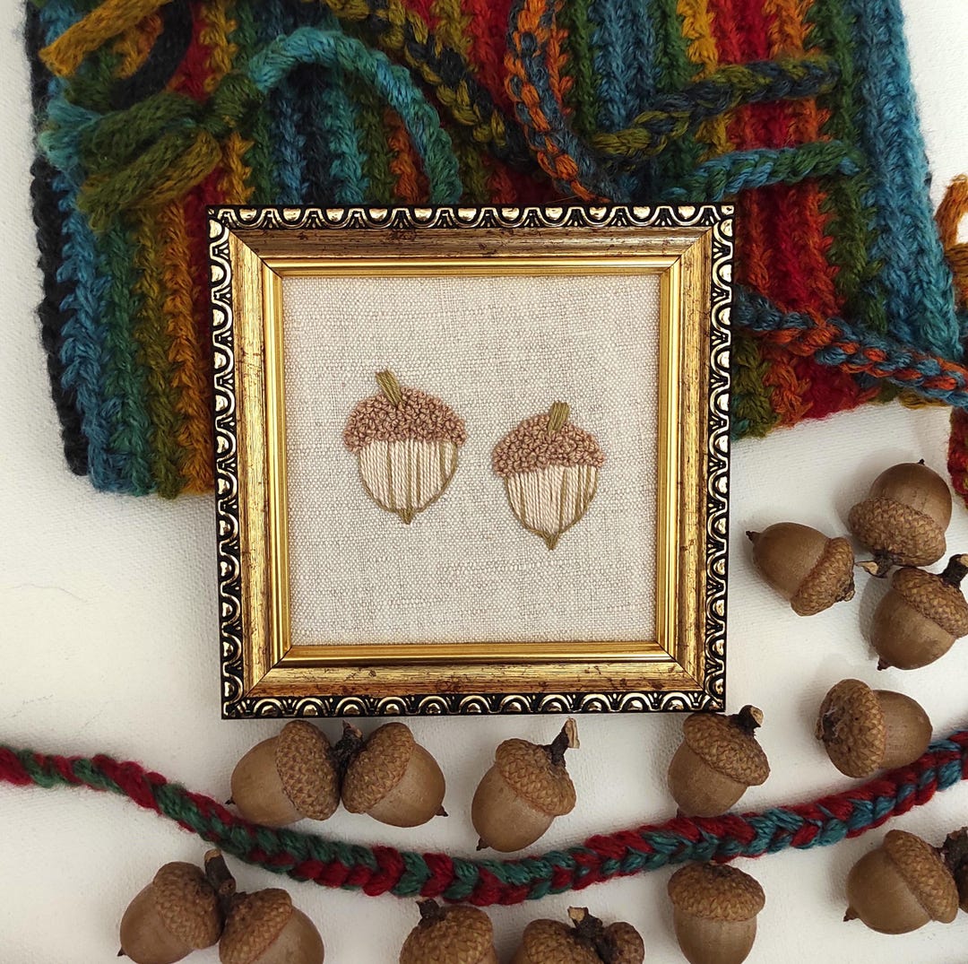 Acorn Pair Embroidered Art, Minimalist Autmun Shelf Decor, Acorns ...