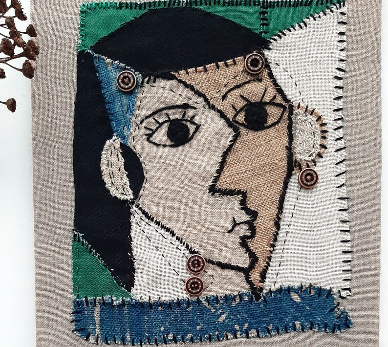 Abstract Male Portrait Embroidered Fabric Man Textile Art Abstract ...