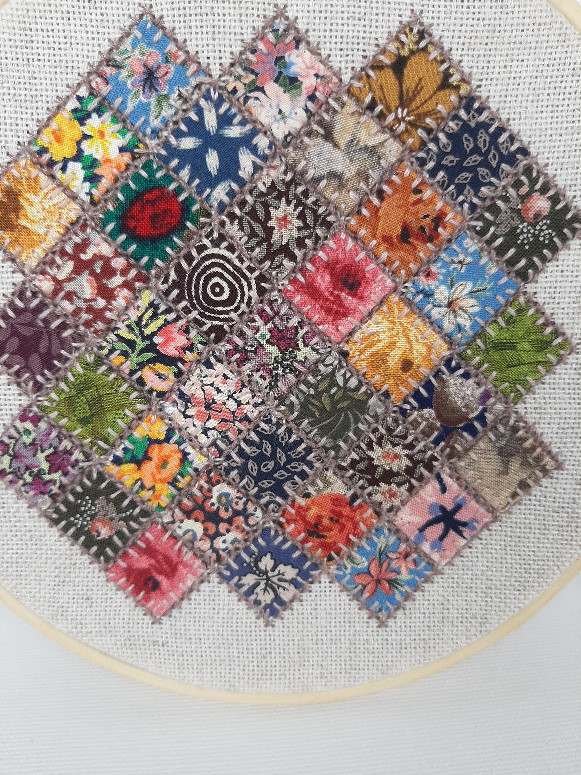 Hoop Wall Decor, Colorful Quilted Blocks, Fabric Ornament, Patchwork ...