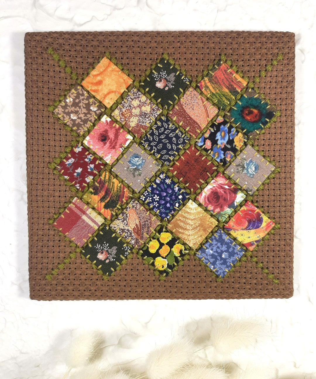 Square Patchwork Decor Textile Art Patchwork Decor Floral Patchwork ...