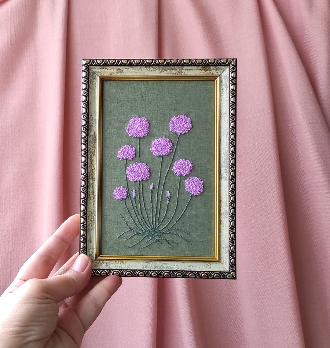 Pink Allium, Pastel Flowers, Saga Green Wall Art, Embroidered Art for ...