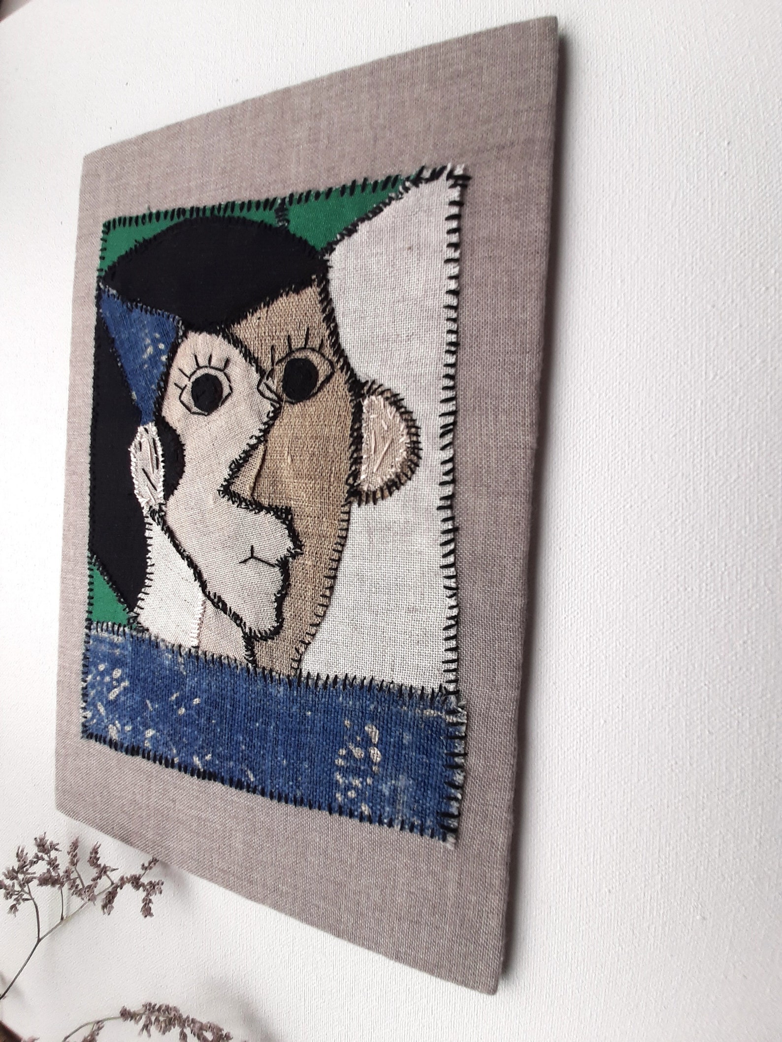 Abstract Male Portrait Embroidered Fabric Man Textile Art Abstract ...