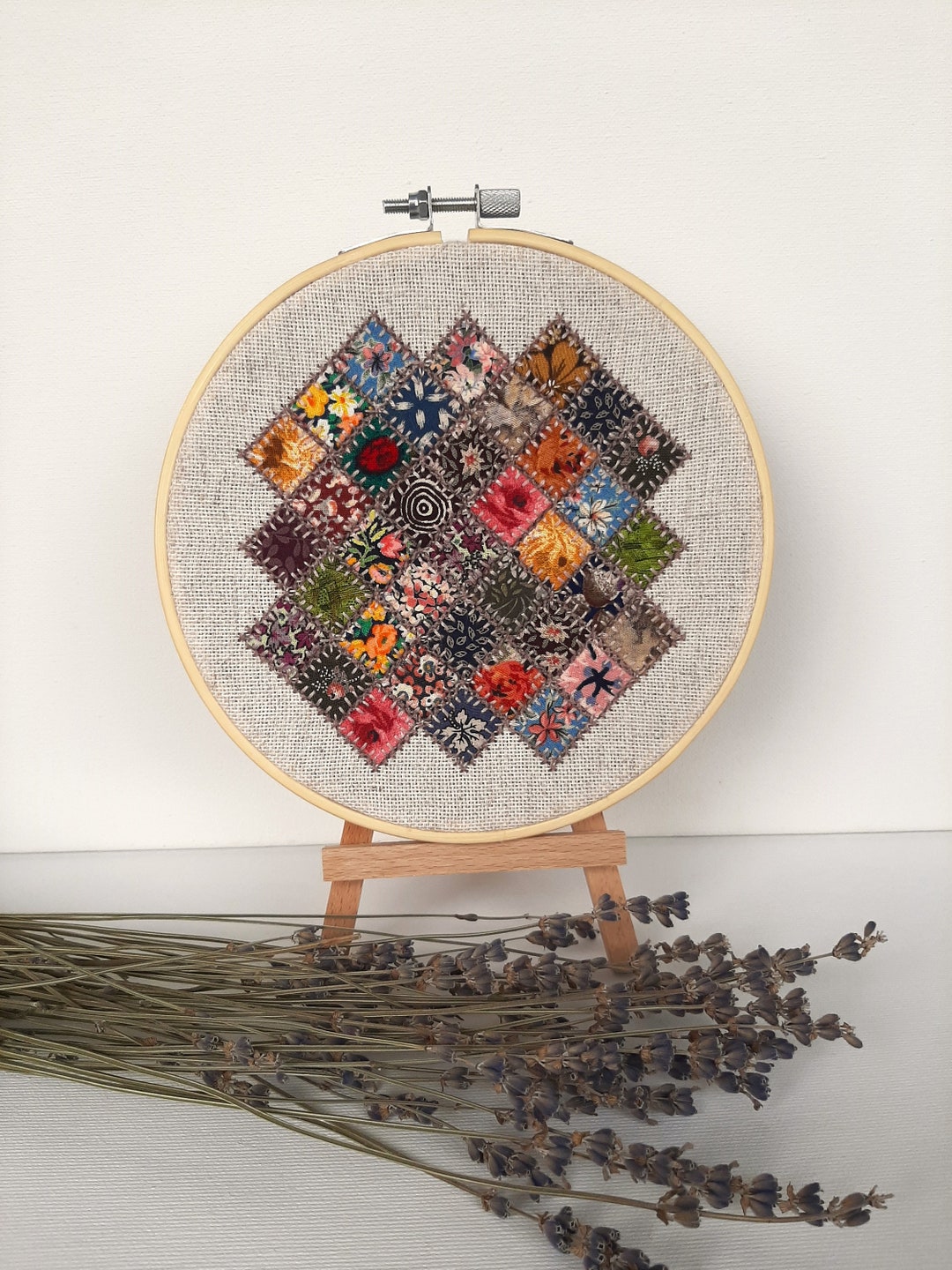 Hoop Wall Decor, Colorful Quilted Blocks, Fabric Ornament, Patchwork ...