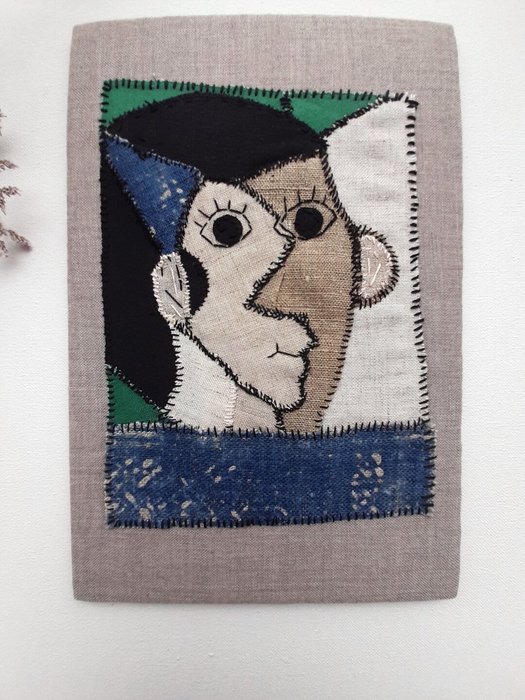 Abstract Male Portrait Embroidered Fabric Man Textile Art Abstract ...