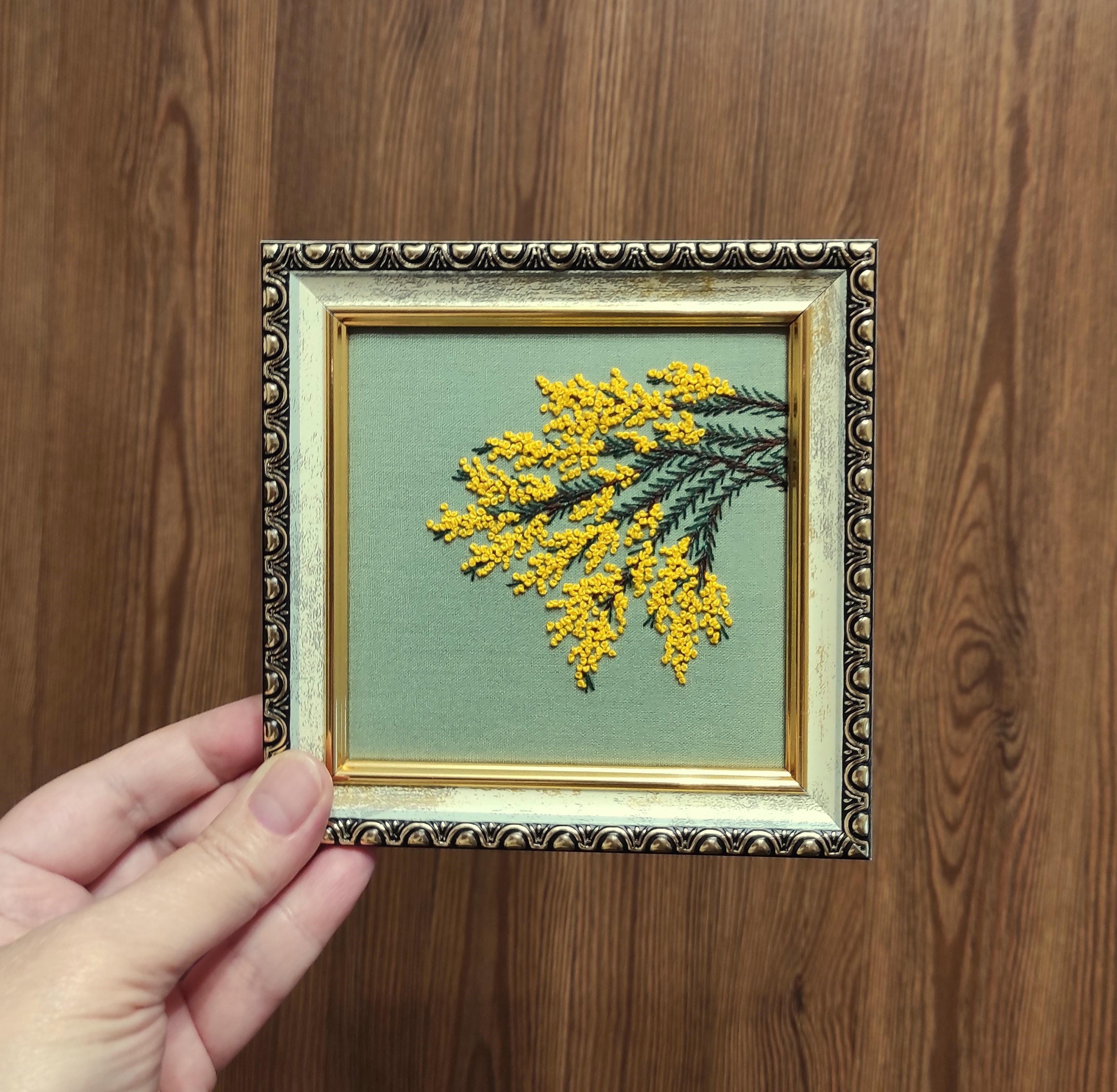 4"x4" Mimosa Flower Embroidered Art, Finished Plant Embroidery, Yellow ...