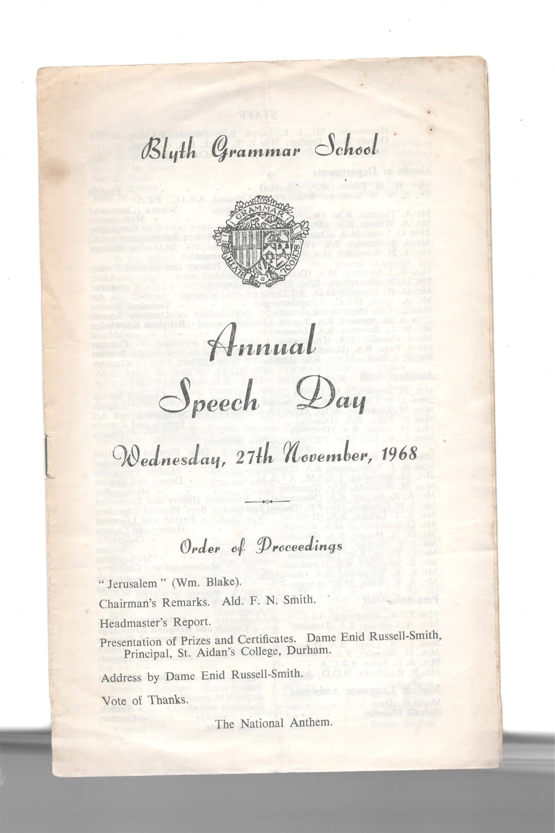 Blyth Grammar School Annual Speech Day Wednesday 27th November 1968 ...