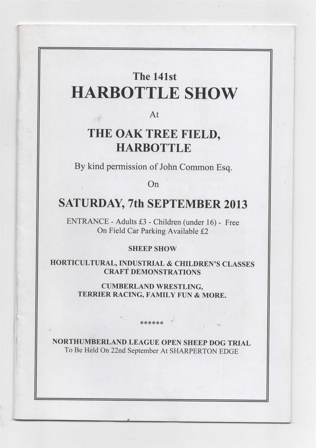 The 141st Harbottle Show. Oak Tree Field Harbottle - September 2013 ...