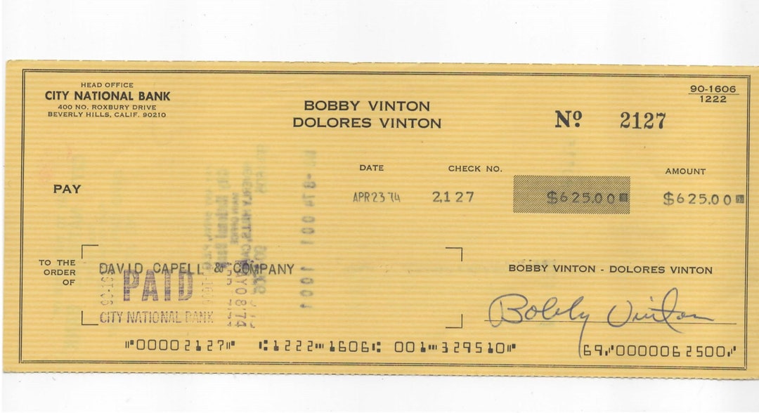 Original - Bobby Vinton Signed Cheque. April 1974. - Etsy
