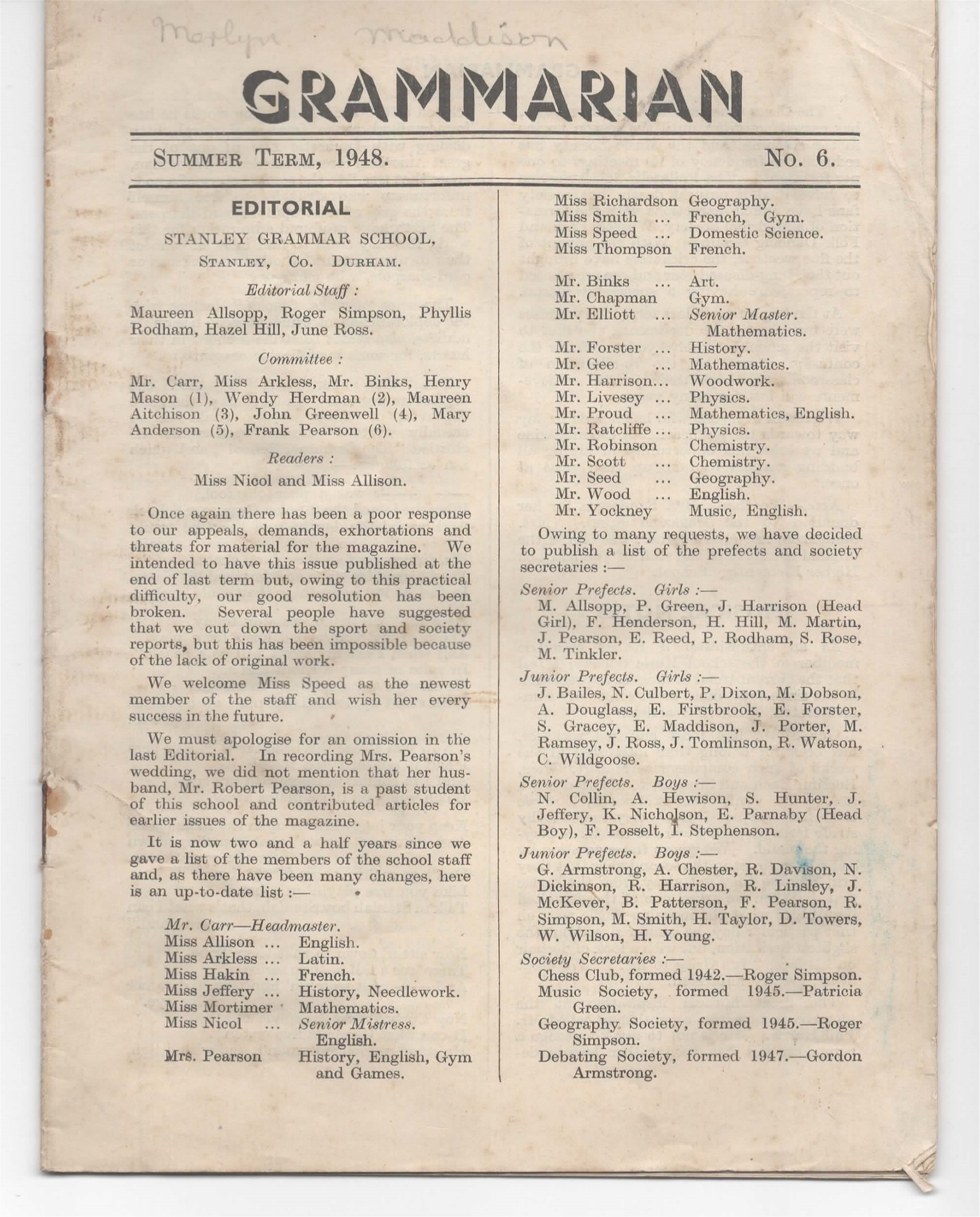 Stanley Grammar School From 1948. Summer Term No. 6 School Magazine ...