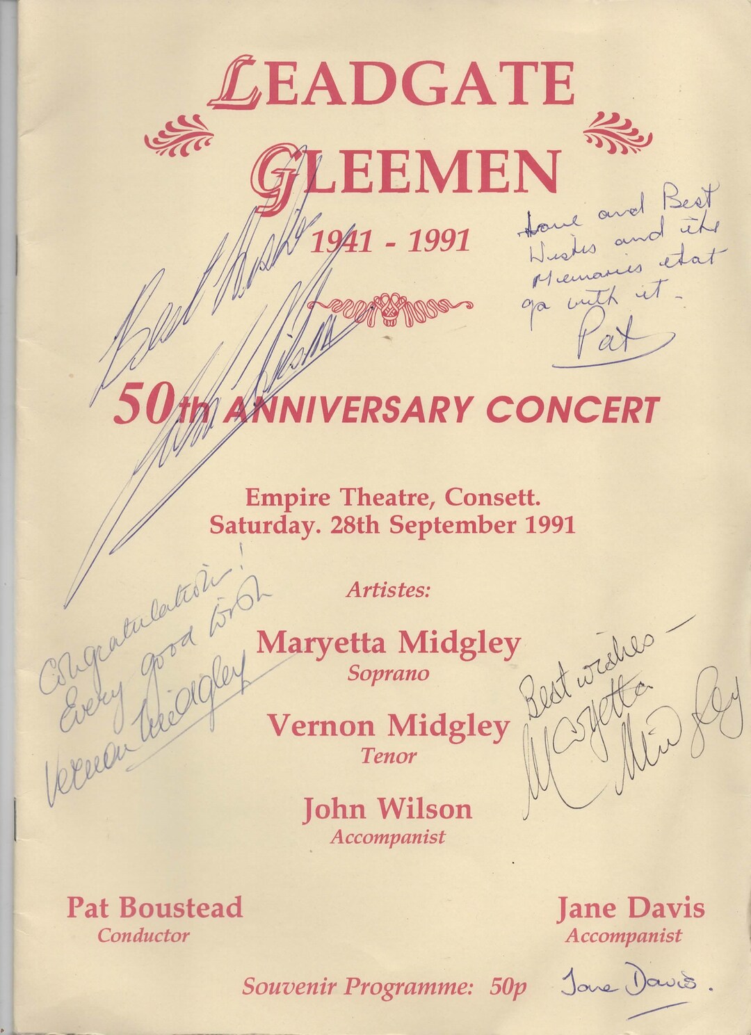 Signed Leadgate Gleemen 1941 1991 50th Anniversary Concert Empire ...