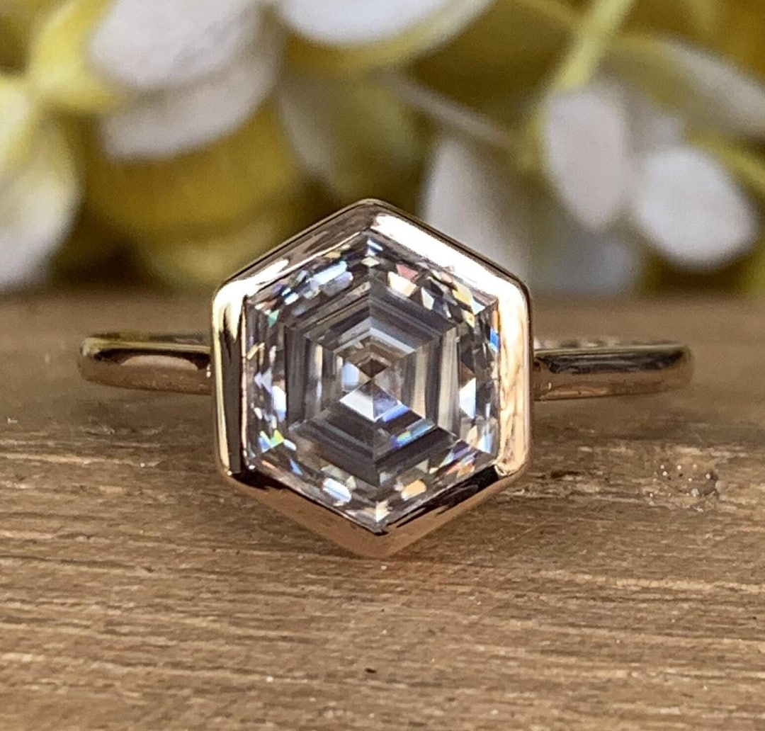 Bezel Hexagon Engagement Ring, Moissanite Wedding Ring, Solitaire Ring,8mm Hexagon Cut Wedding ...