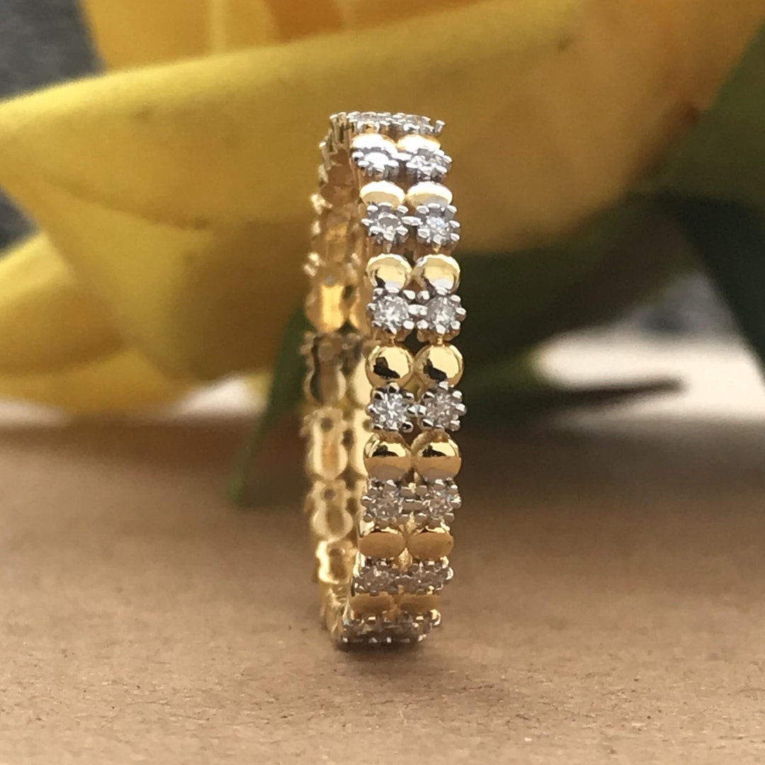 2 Line Diamond Wedding Band Ring | 14k Solid Gold Ring Unisex ...