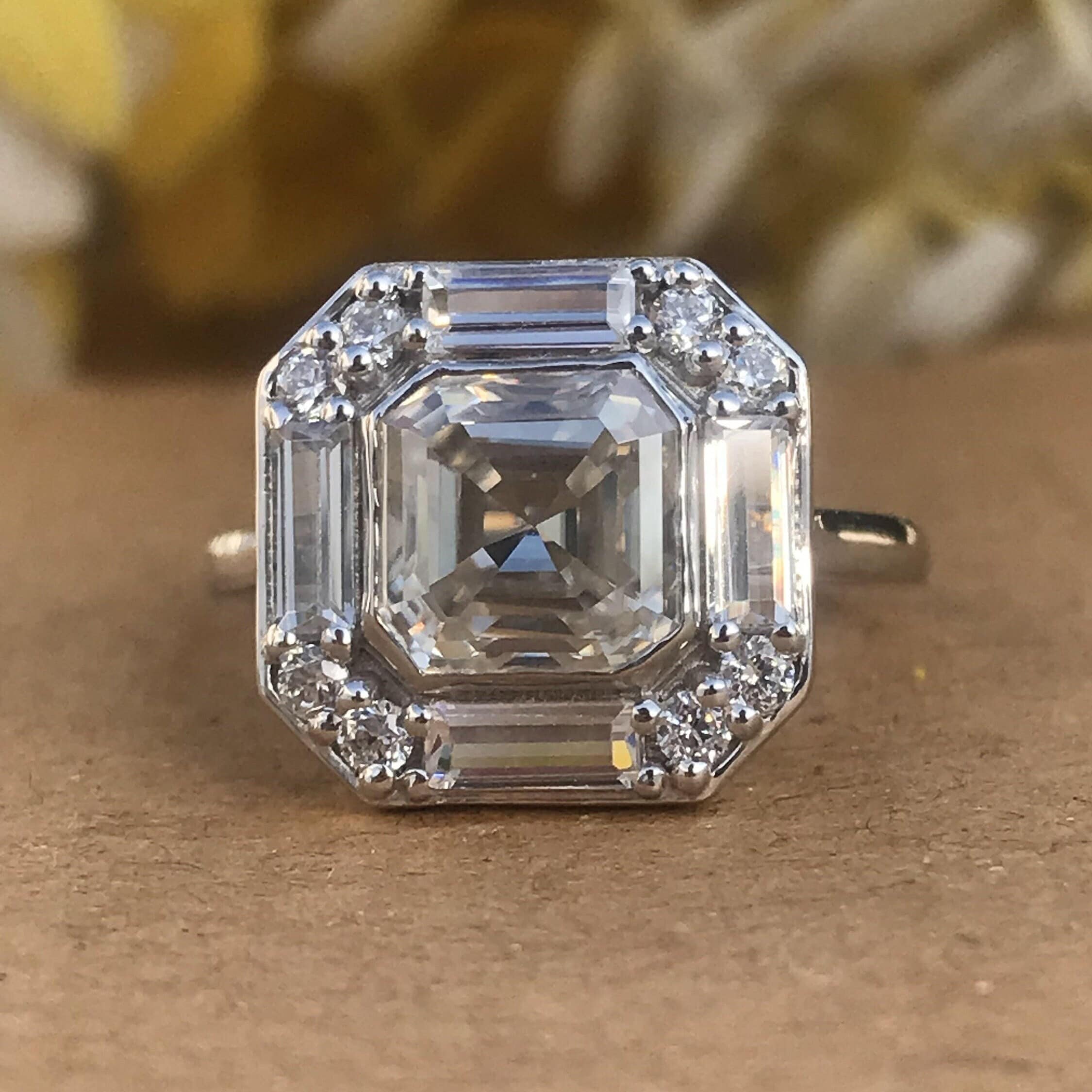 3 Tcw Asscher Cut Moissanite Engagement Ring Baguette Stone Ring 14k ...