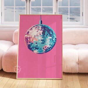 Disco Ball Print Pink Blue Disco Wall Art Funky Prints Groovy Posters ...