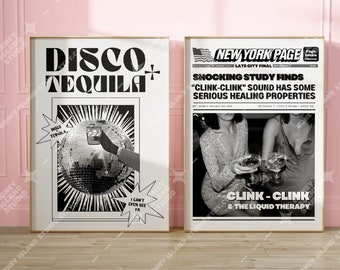 Trendy Retro Wall Art Print, Disco Champagne Headline Set of 2 Poster ...