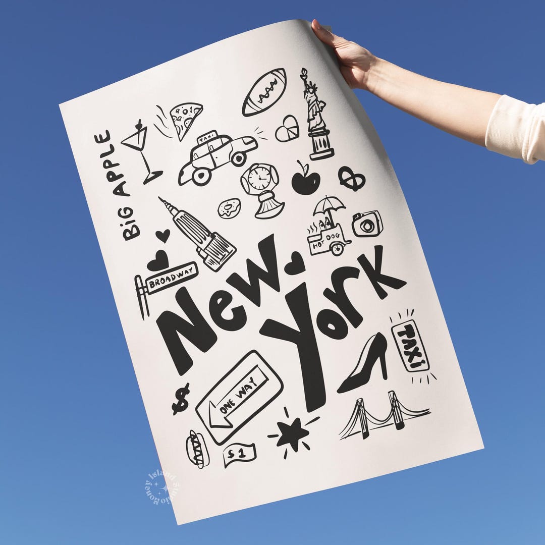 New York Black White Doodle Print, NY Poster, Big Apple Sketched Art ...
