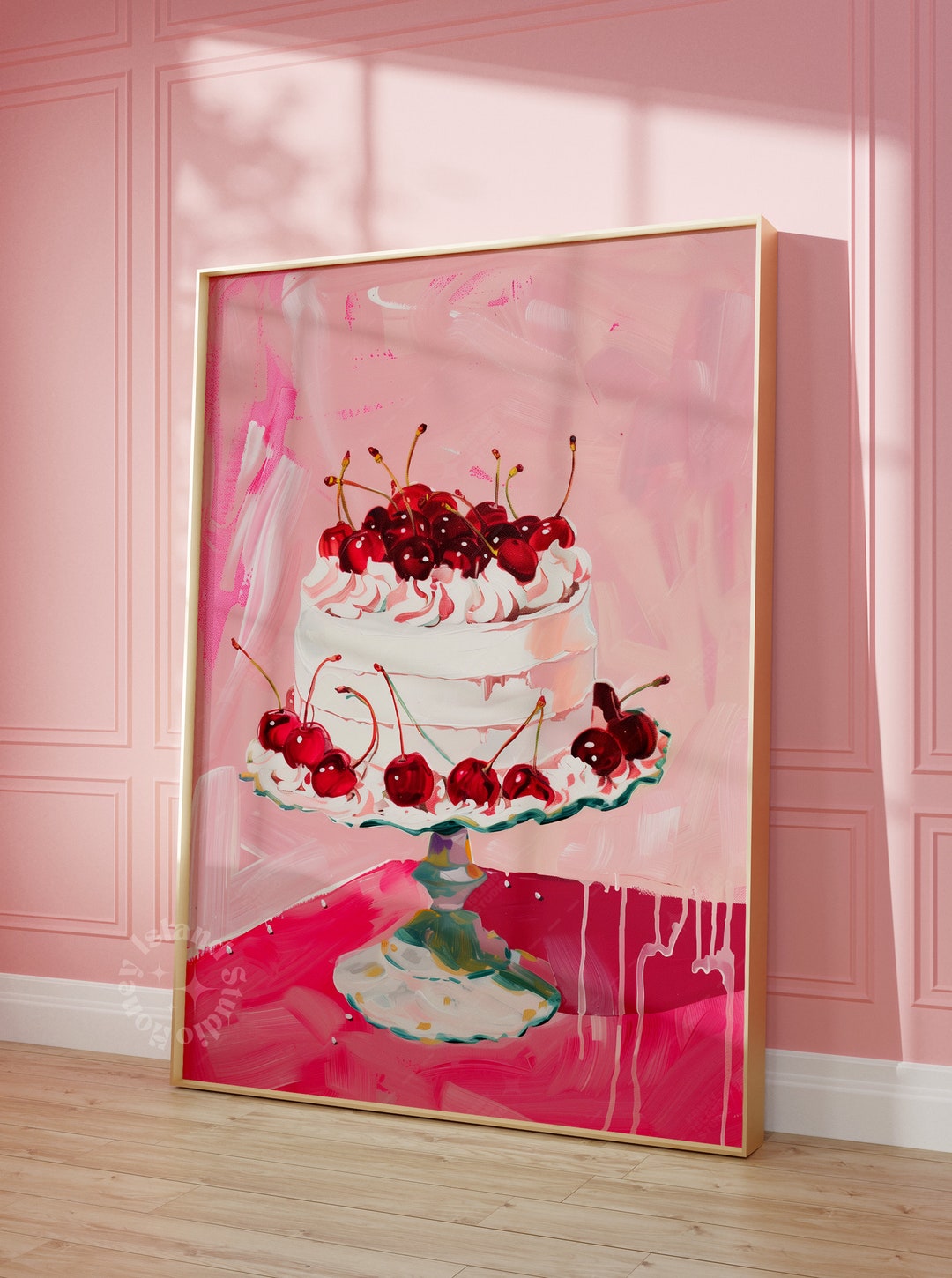 Retro Cake Print Cherry on Top Cute Cake Art Painting Pink Red Art ...