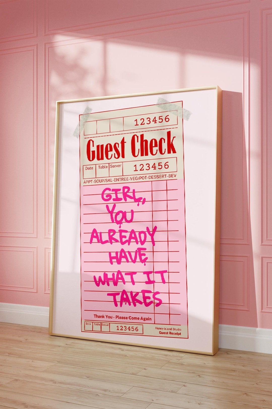 Trendy Guest Check Print, Pink Guest Check Poster, Preppy Funky Decor ...