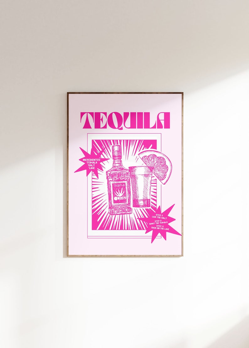 Pink Tequila Poster Retro Vintage Pink Tequila Art Print Bar - Etsy
