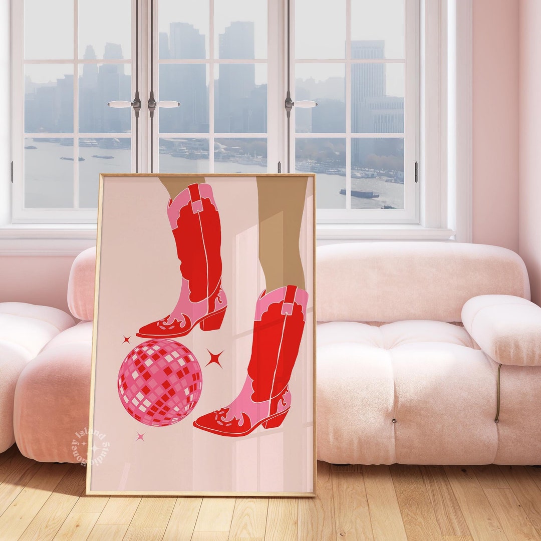 Disco Cowgirl Print, Retro Cowgirl Boots Printable Wall Art, Disco Ball ...