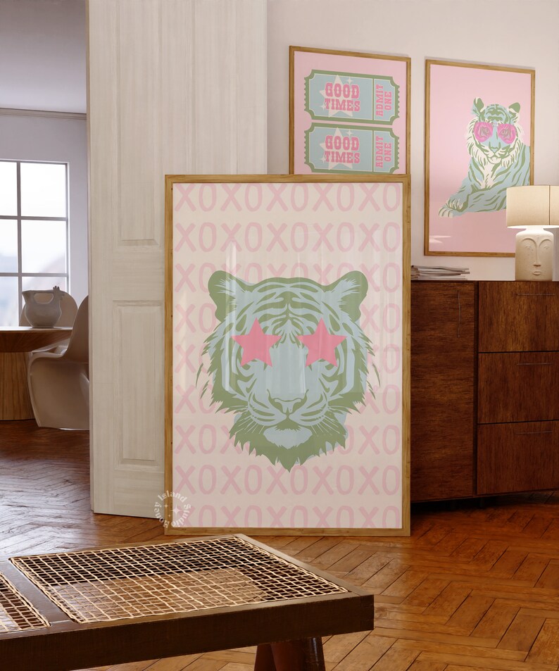 Preppy Tiger Poster: Sage Green, Pink Star Eyes (UNFRAMED) - Etsy
