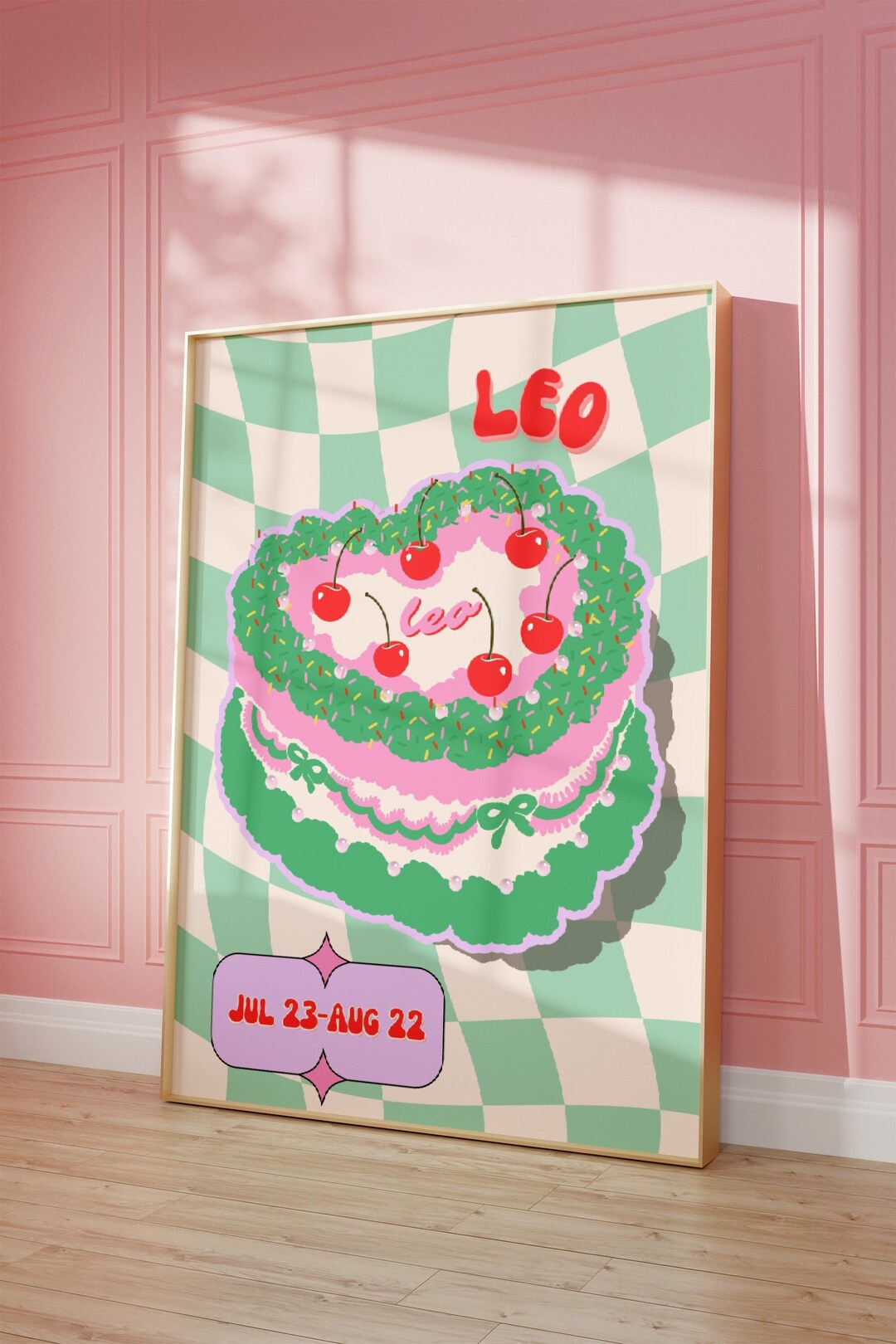 Leo Birthday Cake Poster, Leo Zodiac Star Sign Print, Retro Bday Cake ...