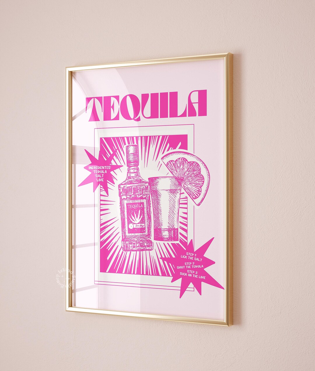 Pink Tequila Poster, Retro Vintage Pink Tequila Art Print, Bar Cart ...