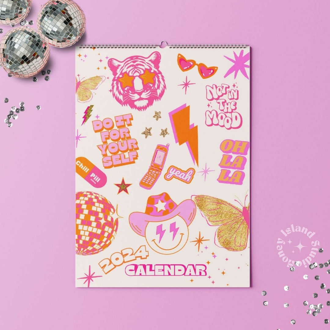 2024 Calendar Daily Planner Preppy Girl Pink Orange, 2024 Dorm Calendar ...