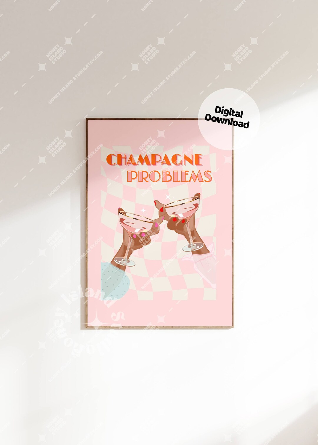 Champagne Problems, Y2K Preppy Wal Art, Checkered Bar Cart, Peach Pink ...