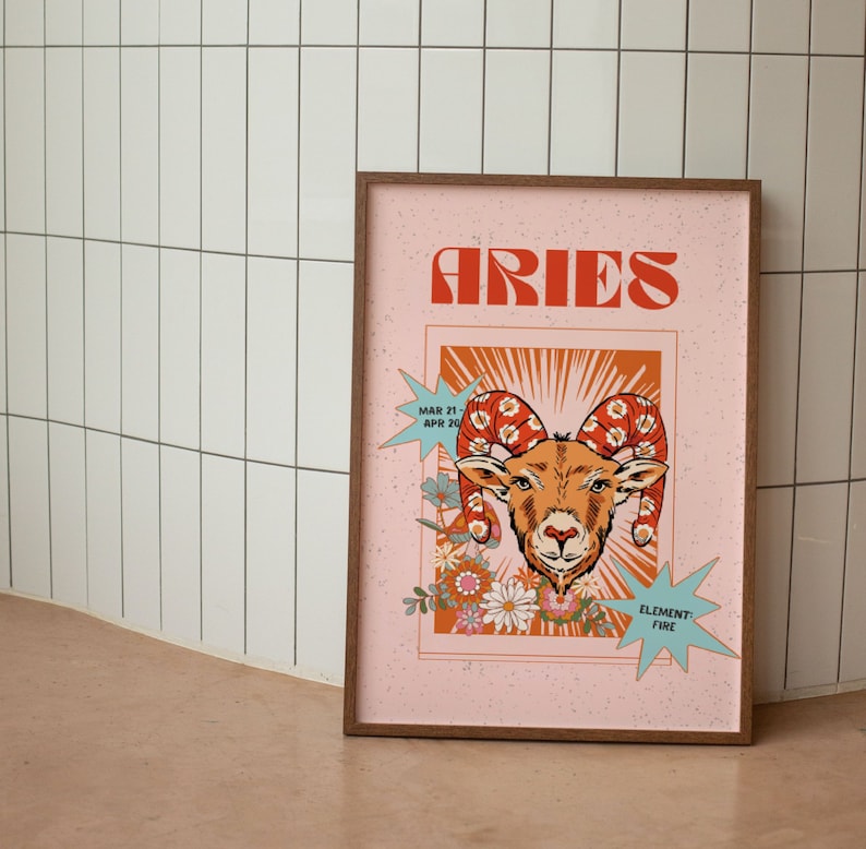 Aries Poster Zodiac Aries Print Retro Wall Decor Digital - Etsy