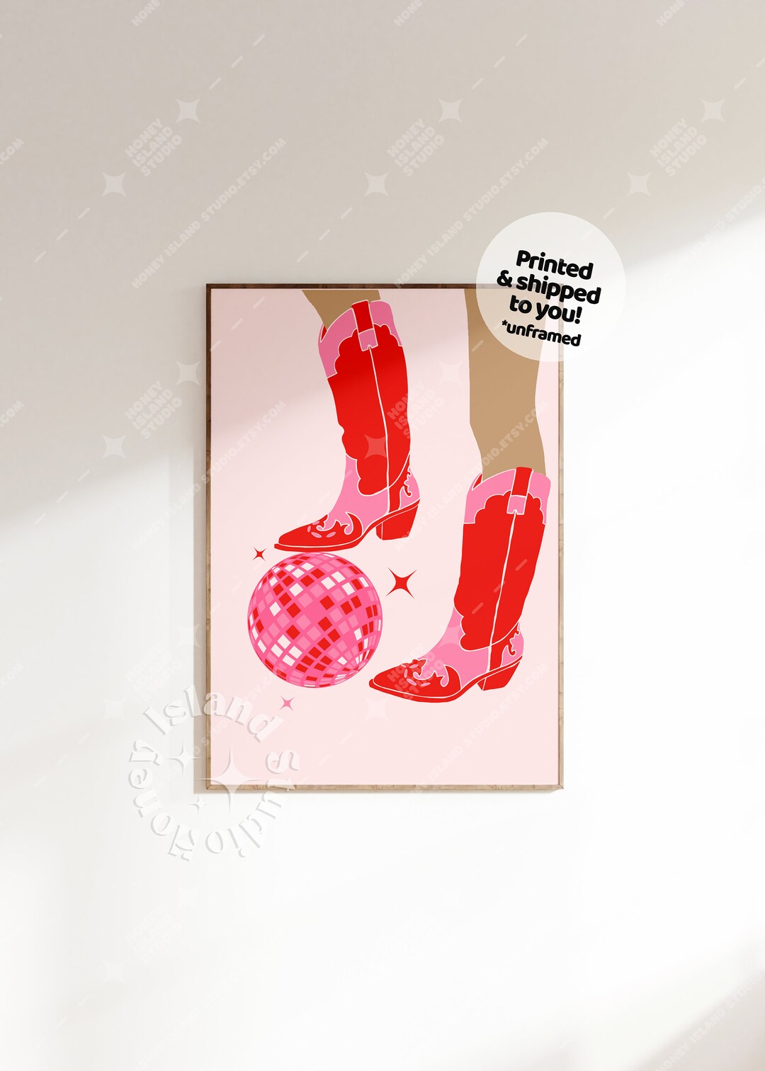Disco Cowgirl Print, Retro Cowgirl Boots Wall Art, Disco Ball Poster ...