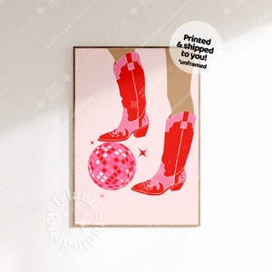 Disco Cowgirl Print, Retro Cowgirl Boots Wall Art, Disco Ball Poster ...
