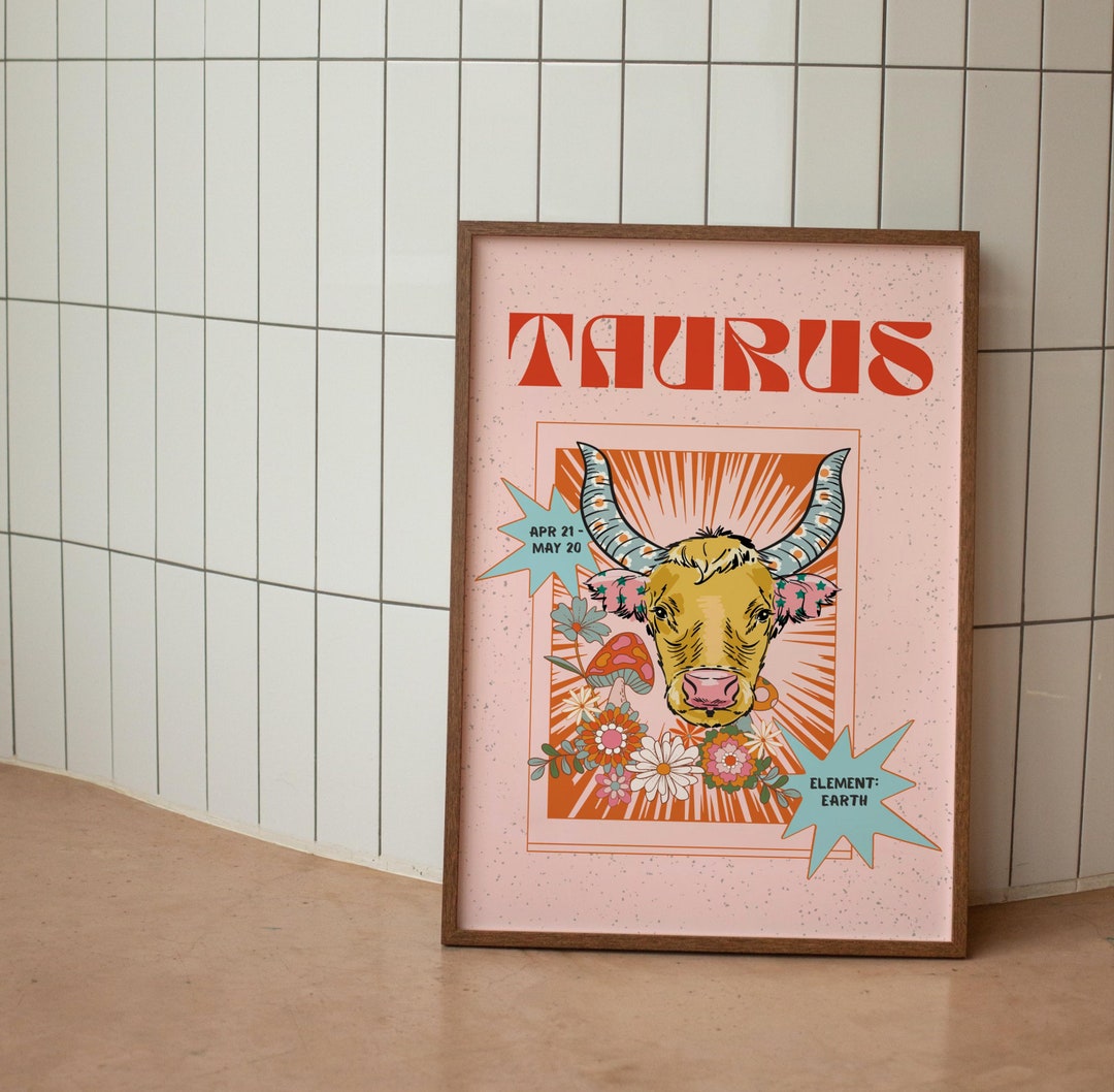 Taurus Poster, Zodiac Taurus Print, Retro Wall Decor, Digital Download ...