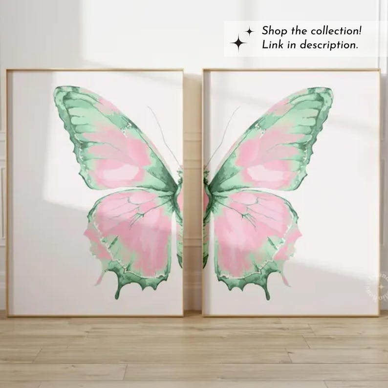 Split Butterfly Wing Wall Art: Pink, Green, Mint Dorm Decor - RIGHT ...