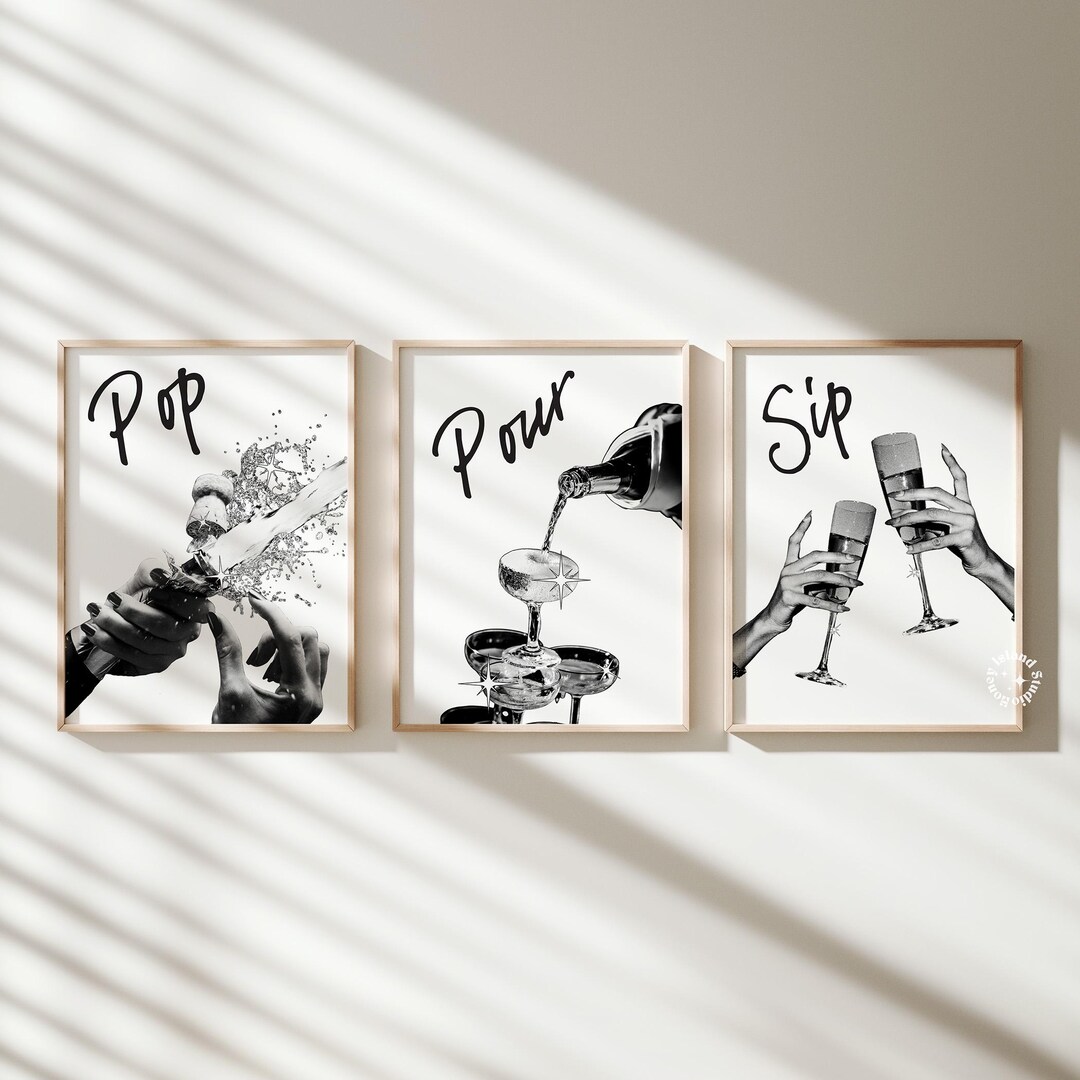 Pop Pour Sip Bar Cart Prints, Set of 3, Champagne Tower Bar Cart Art ...