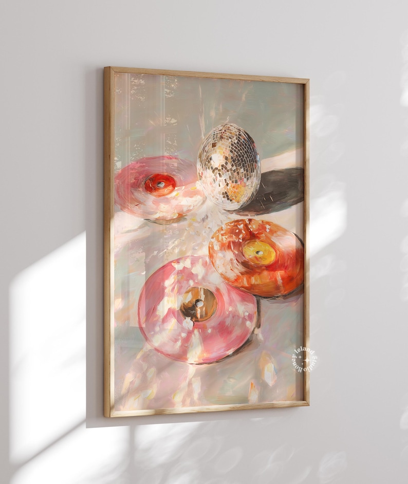 Pink Disco Vinyl Record Art Print: Disco Ball Oil Painting Style ...