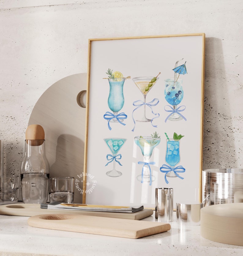 Blue Cocktail Art Print: Trendy Bar Cart Decor (UNFRAMED) - Etsy