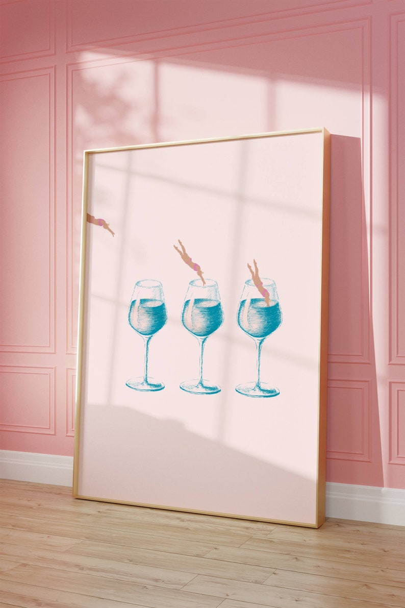 Retro Wine Diving Blue and Pink Printable Art, Apartment Decor, - Etsy