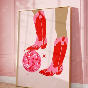 Disco Cowgirl Print, Retro Cowgirl Boots Printable Wall Art, Disco Ball ...