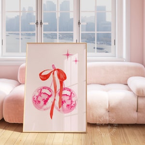 Pink Cherry Disco Pink Bow Coquette Bow Soft Girl Bedroom Decor Retro ...