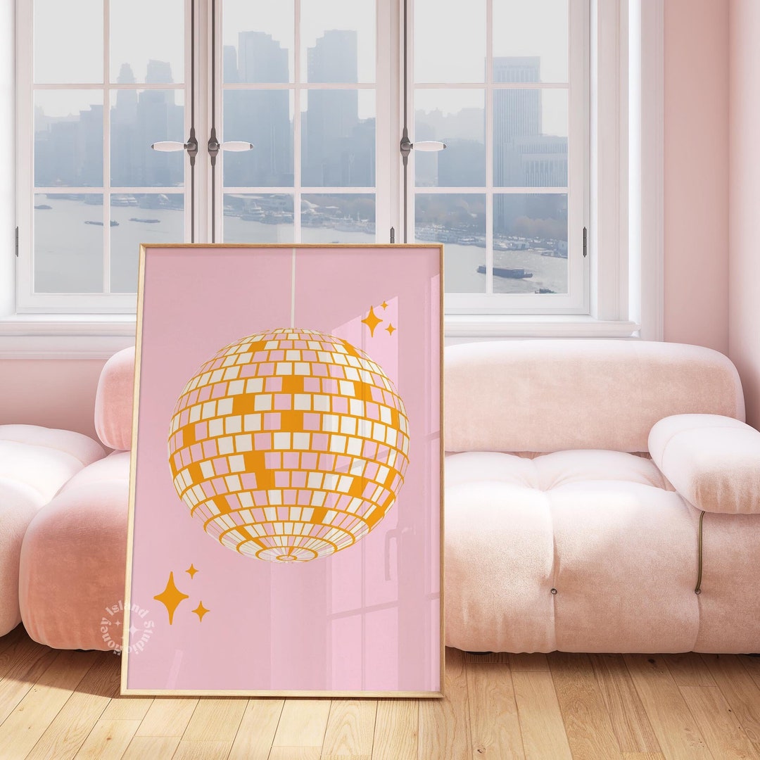 Disco Ball Preppy Dorm Decor, Pink Girly Prints, Groovy 70s Decor ...