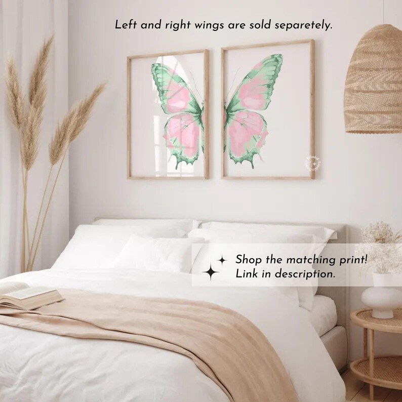 Split Butterfly Wing Wall Art: Pink, Green, Mint Dorm Decor - RIGHT ...